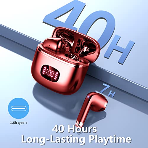 Wireless Earbuds Bluetooth, Headphones Bluetooth 5.3 with HiFi Stereo Deep Bass, Ear Buds Noise Cancelling with ENC Mic, LED Display, 40H Playtime Earphones for Computer Laptop Pad Phone, Dark Red