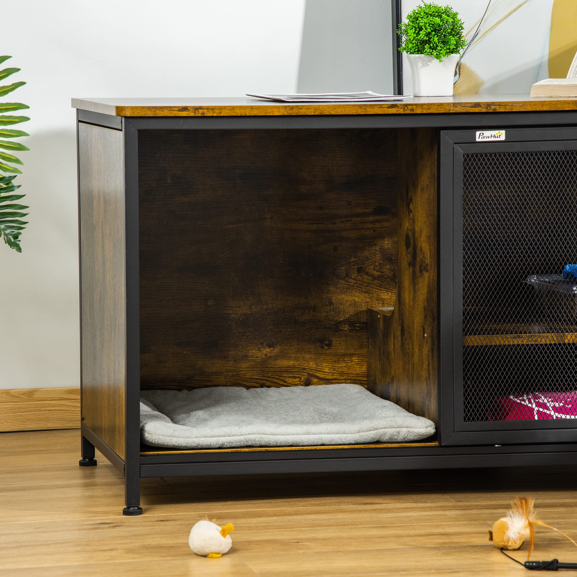 PawHut Cat Kennel, Furniture Style Dog Cage, Wood & Steel End Table Pet House with Cushion and Sliding Doors, Rustic Brown