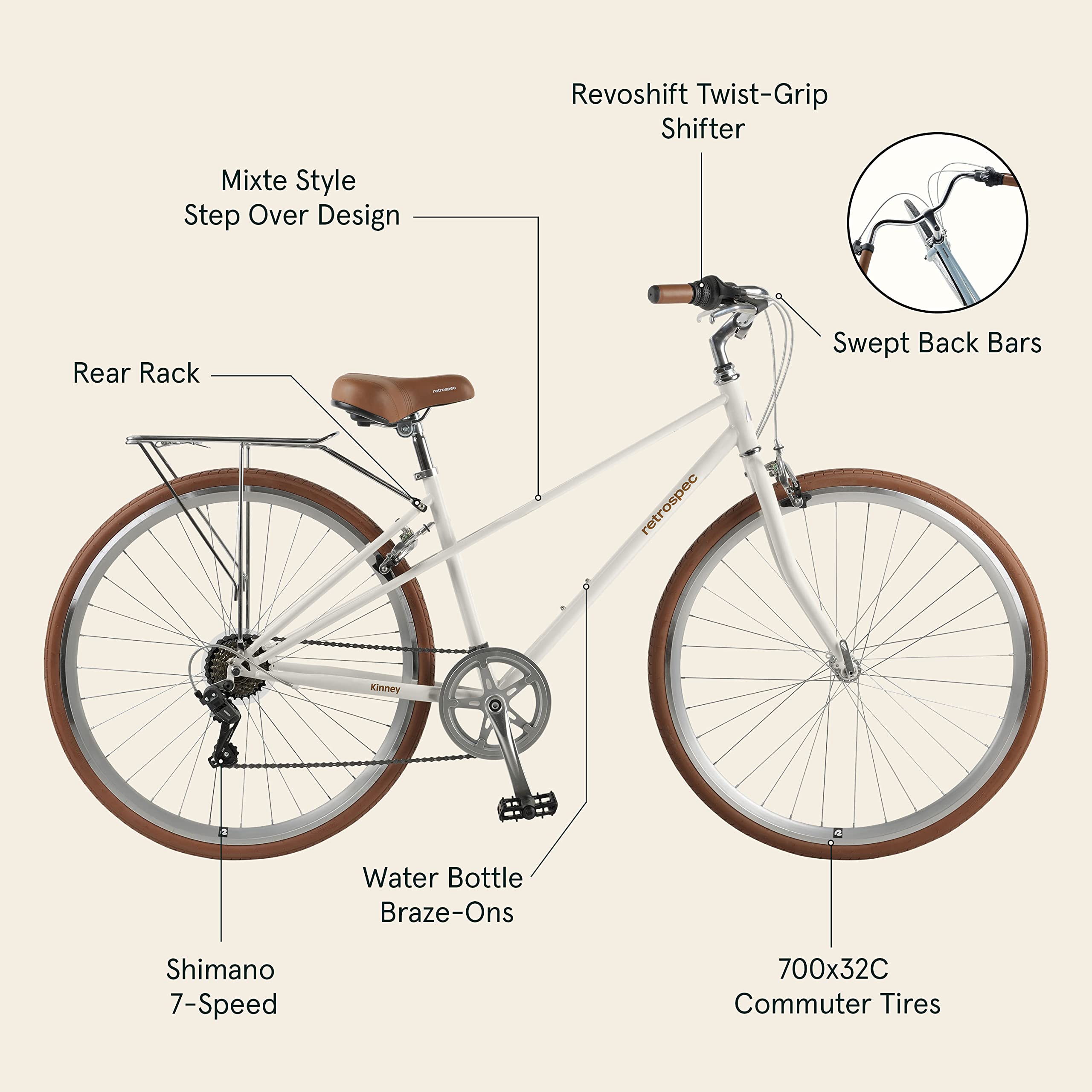 Retrospec Kinney Mixte Step Through Frame 7-Speed City Bike High-Tensile Steel with 700x32C Tires, Rear Rack and Swept Back Handlebars Commuter Bicycle