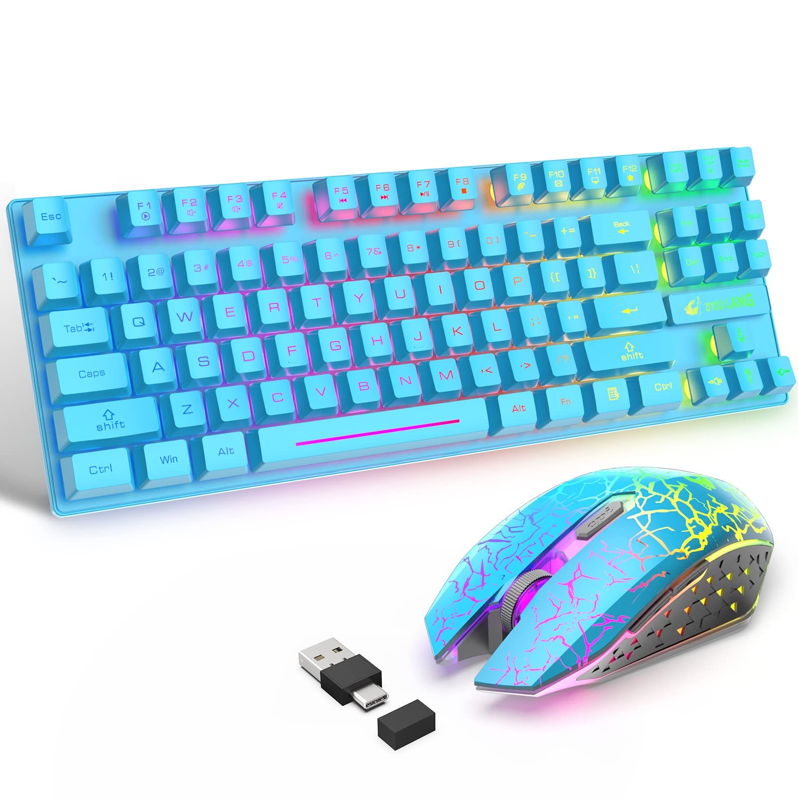 Wireless Gaming Keyboard and Mouse Combo,Rainbow Backlit 87 Keys Membrane Keyboard,2.4GHz Rechargeable 4000mAh Keyboard Mouse, Dual-Head USB&Type C Receiver for PC/Smart Phone/Laptop/Tablet/PS4(Black)