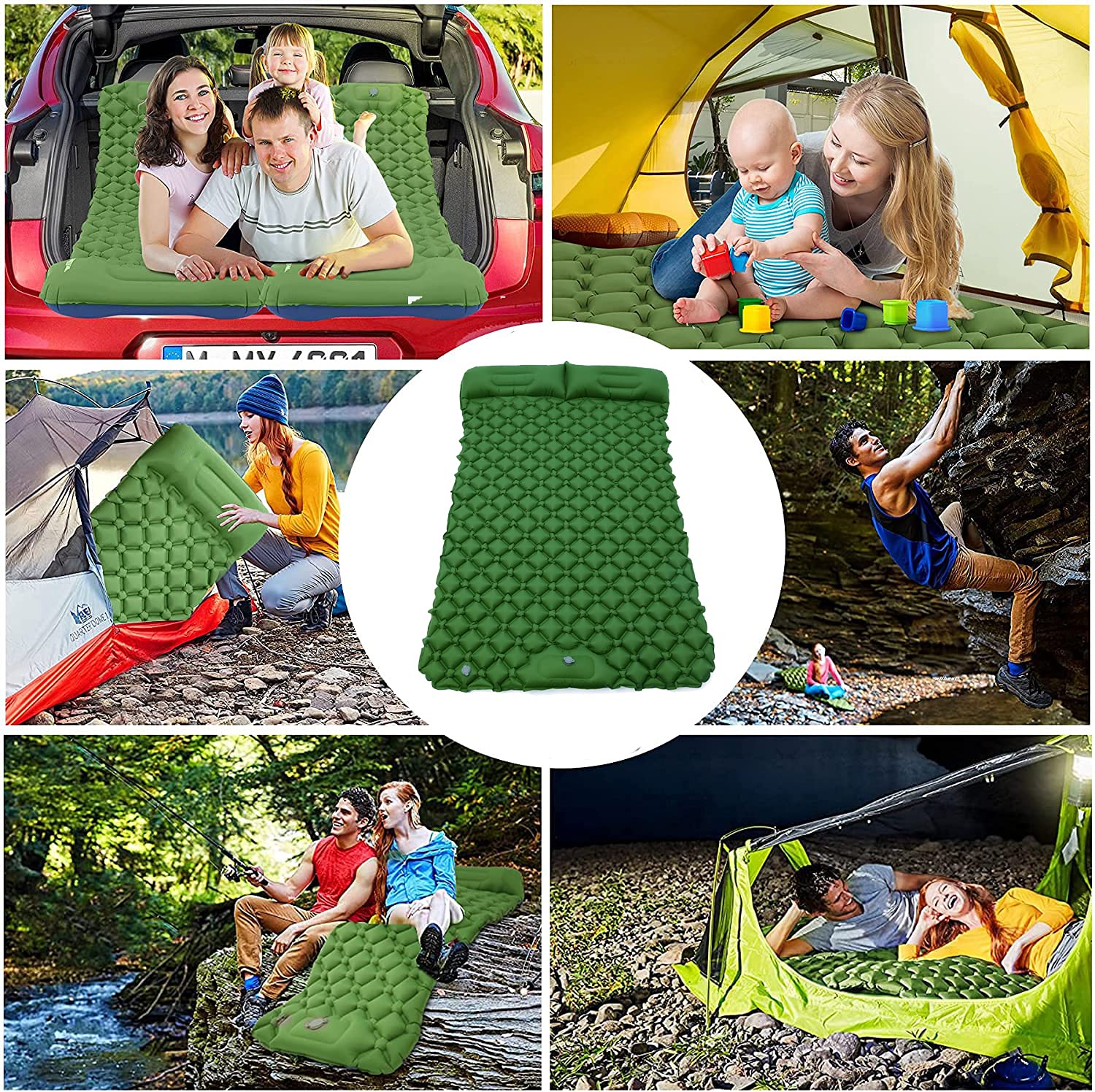 Onirii Double Sleeping Pad,Foot Press Inflatable Camping Mat with Pillow,Compact Ultralight Waterproof Camping Air Mattress 2 Person for Tents,Backpacking Beach,Car Camping,Hiking,Traveling