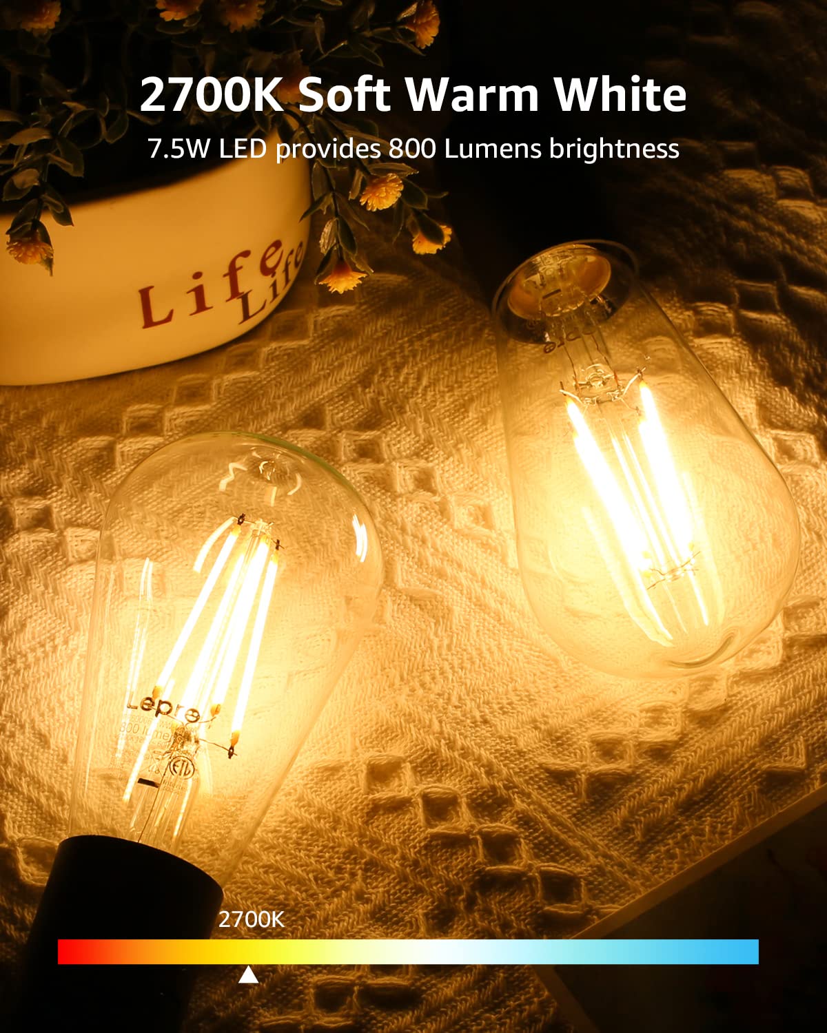 Lepro Dimmable Edison Bulbs 60 Watt Equivalent LED Bulb, Filament Vintage Light Bulbs, 2700K Warm White, E26 Medium Base, ST58 Antique Style, Clear Glass, 4 Packs