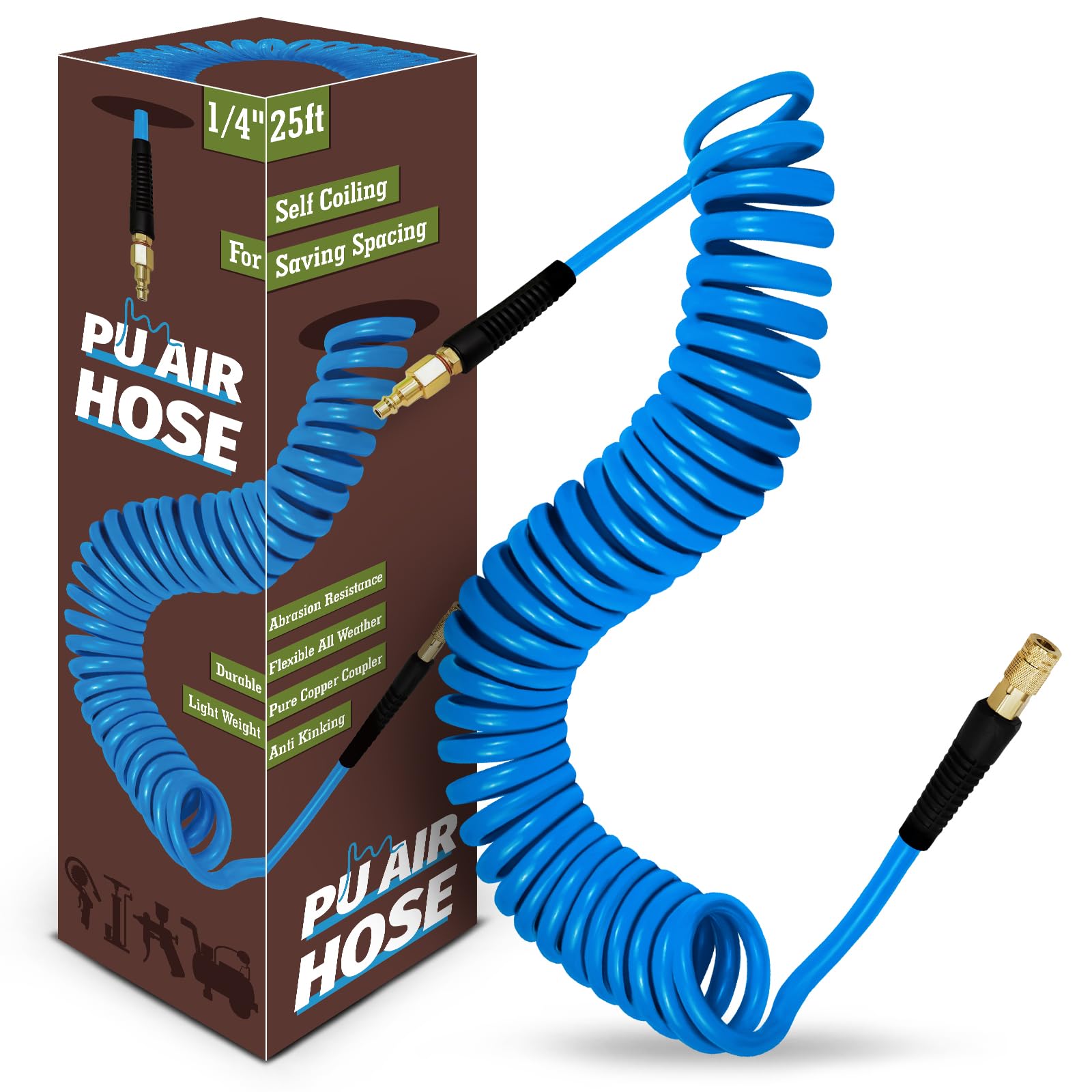 WHISPERING WONDER Polyurethane Recoil Air Hose,1/4 in x 25 ft Air Compressor Hose with Bend Restrictor, Air Hoses with 1/4 Solid Pure Copper Quick Connect Fittings and I/M Plug Kit, Blue