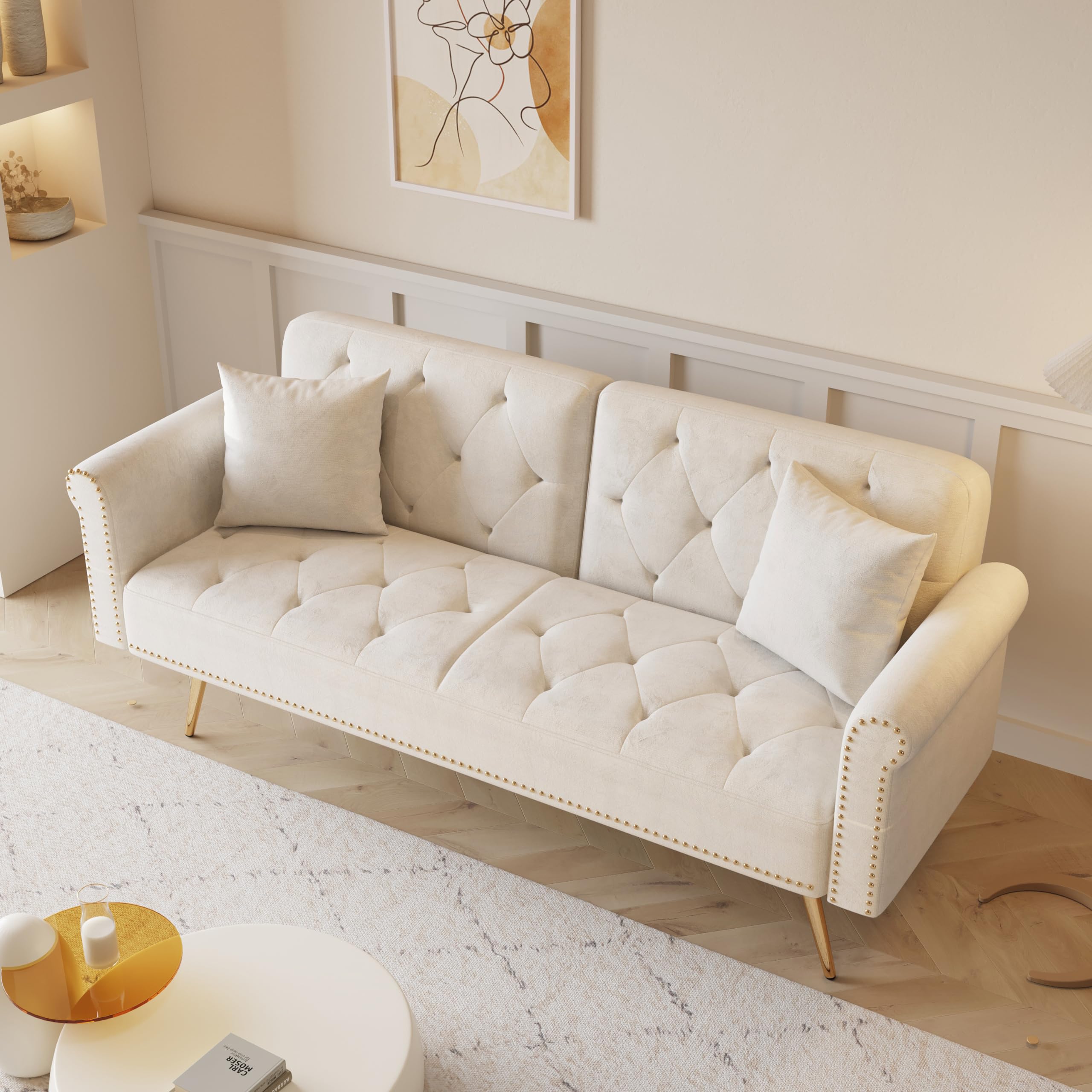 Upholstered Tufted Futon Sofa Bed Modern Split Adjustable Backrest Loveseat Convertible Sleeper Sofabed with Nailhead Decor for Home Office Apartment Living Room/Studio Compact Space