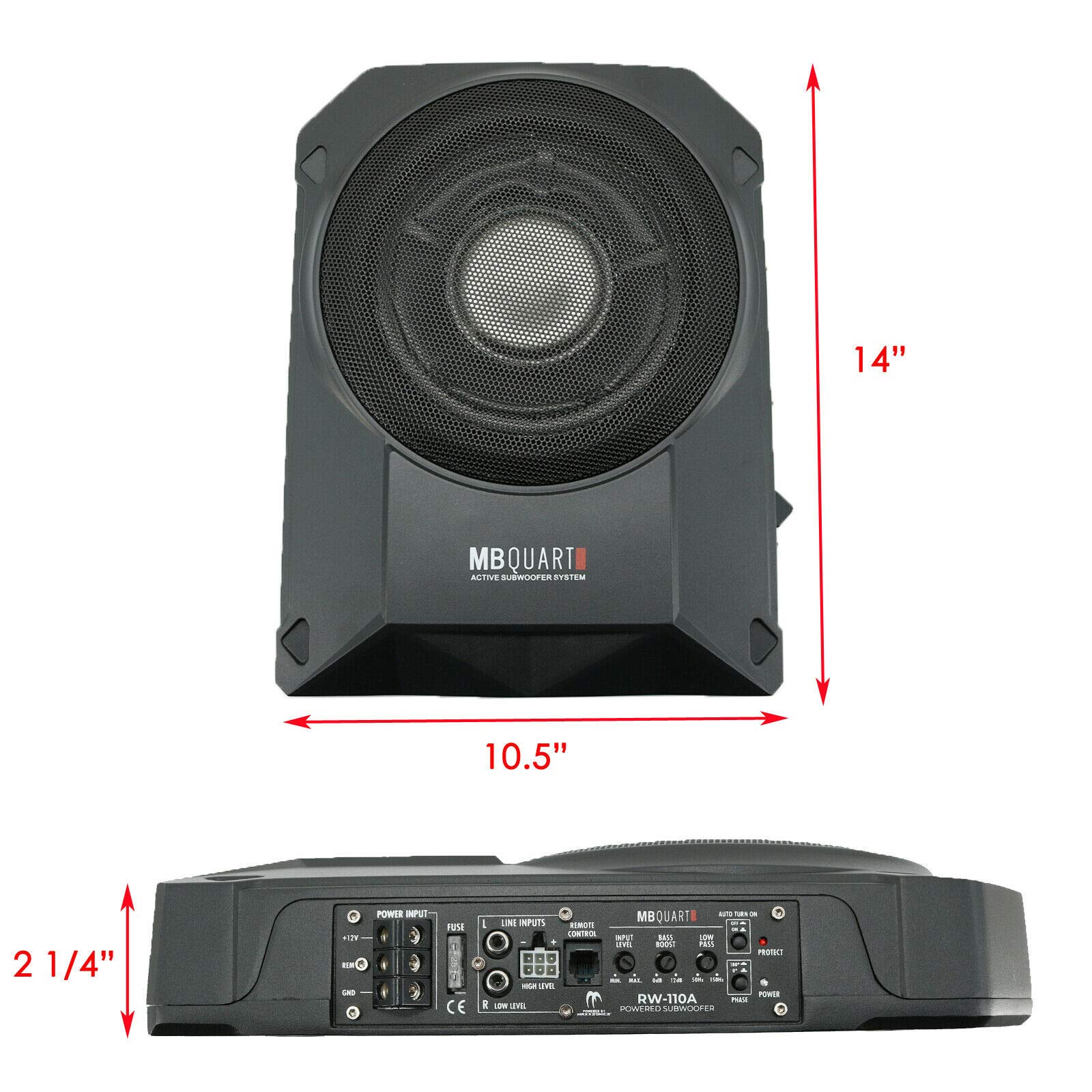 MB Quart RW-110A 800W Reference Series 10'' Slim Low Profile Compact Under-Seat 4-Ohm Active Powered Subwoofer Enclosure with Built in Amplifier for Car RV ATV - 3rd Gen, Black