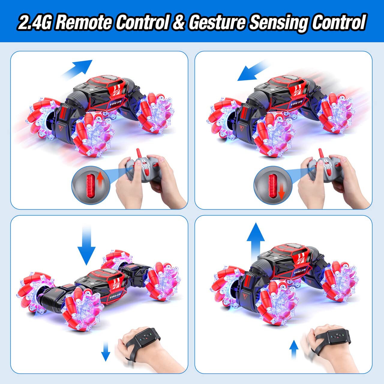 Powerextra LED Remote Control Car, 4WD 2.4GHz Gesture Sensing Rc Stunt Car, Double Sided 360°Rotating Transform Off Road Car with Light, Toy Cars for 6-12 Year Old Boys & Girls - Red