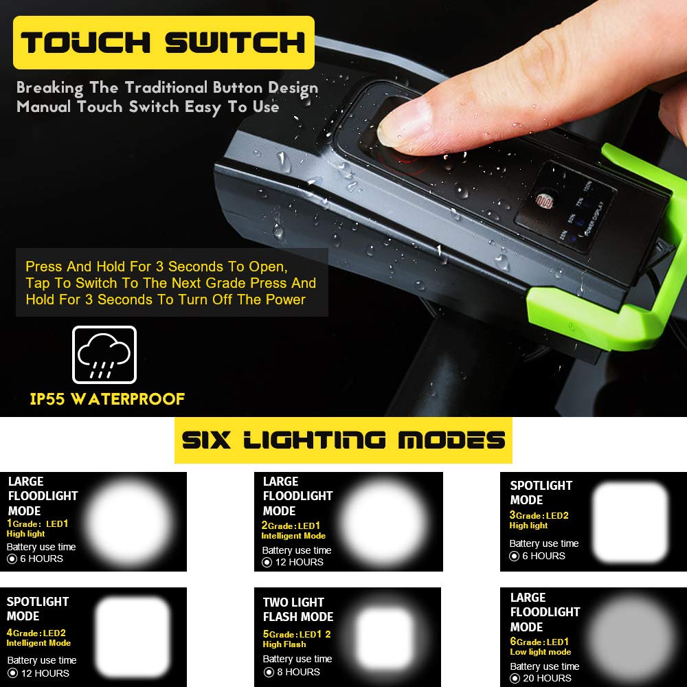 LETOUR LED Bike Light, Rechargeable Super Bright IPX6 Waterproof Bicycle Accessories Horn Speaker 2000mAh 800 Lumens Glare Flashlight