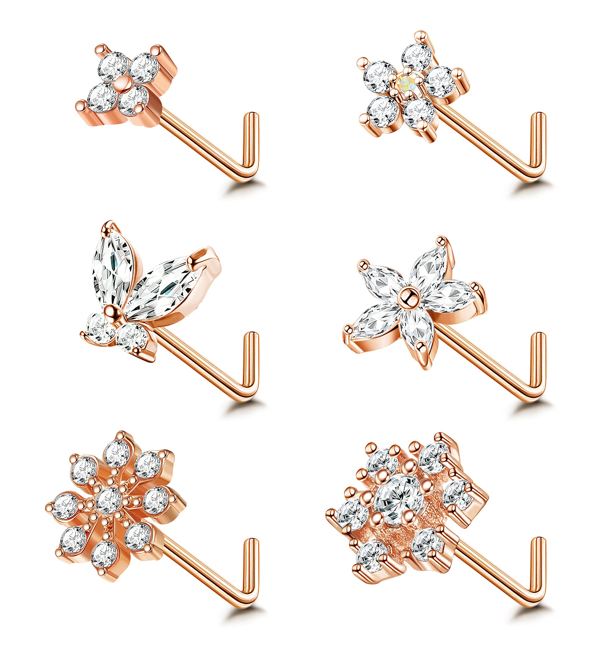 LOYALLOOK 6PCS 20G Nose Ring Stud L-Shape Nose Rings Cubic Zirconia Butterfly Nose Screw Studs Rings Stainless Steel Flower Nose Piercing Ring, L-Shape Rose Gold