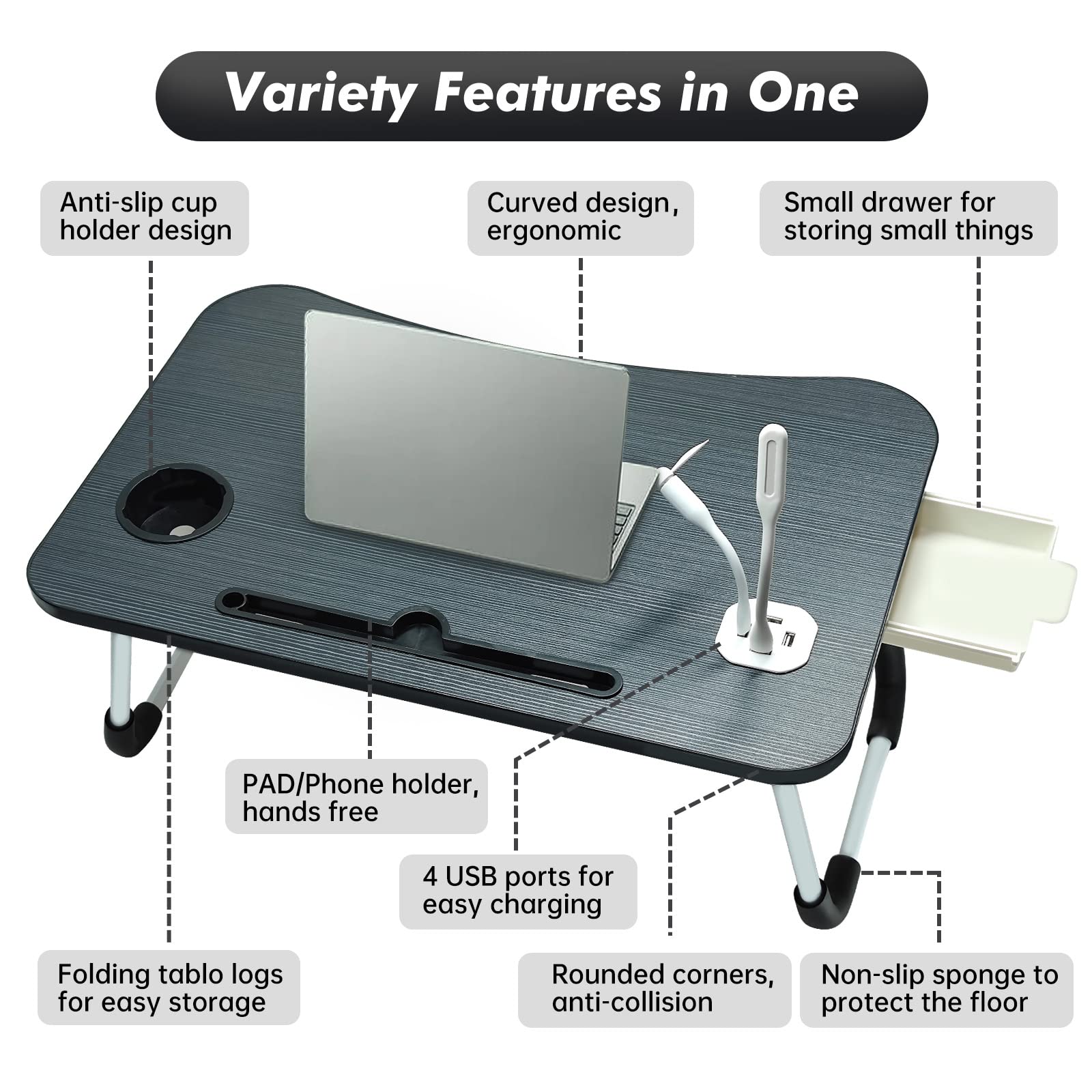 Lap Desk for Laptop, Foldable Bed Desk Table with USB Charge Port/Cup Holder/Storage Drawer, Laptop Stand for Bed/Couch/Sofa Working, Reading