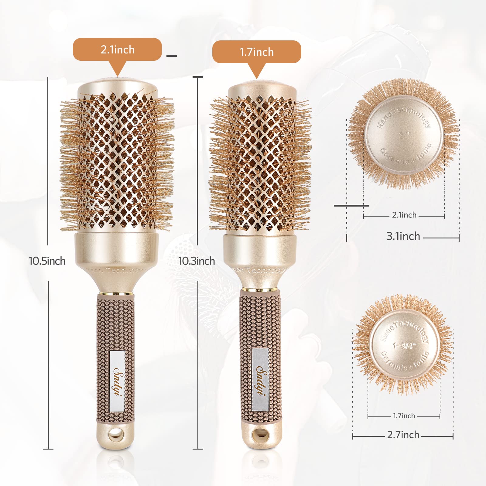 Sndyi Round Brush for Blow Drying, Nano Thermal Ceramic & Ionic Tech Hair Brush, Medium Round Brush for Curling and Straightening, Add Shine and Creat Maximum Volume -1.7 Inch