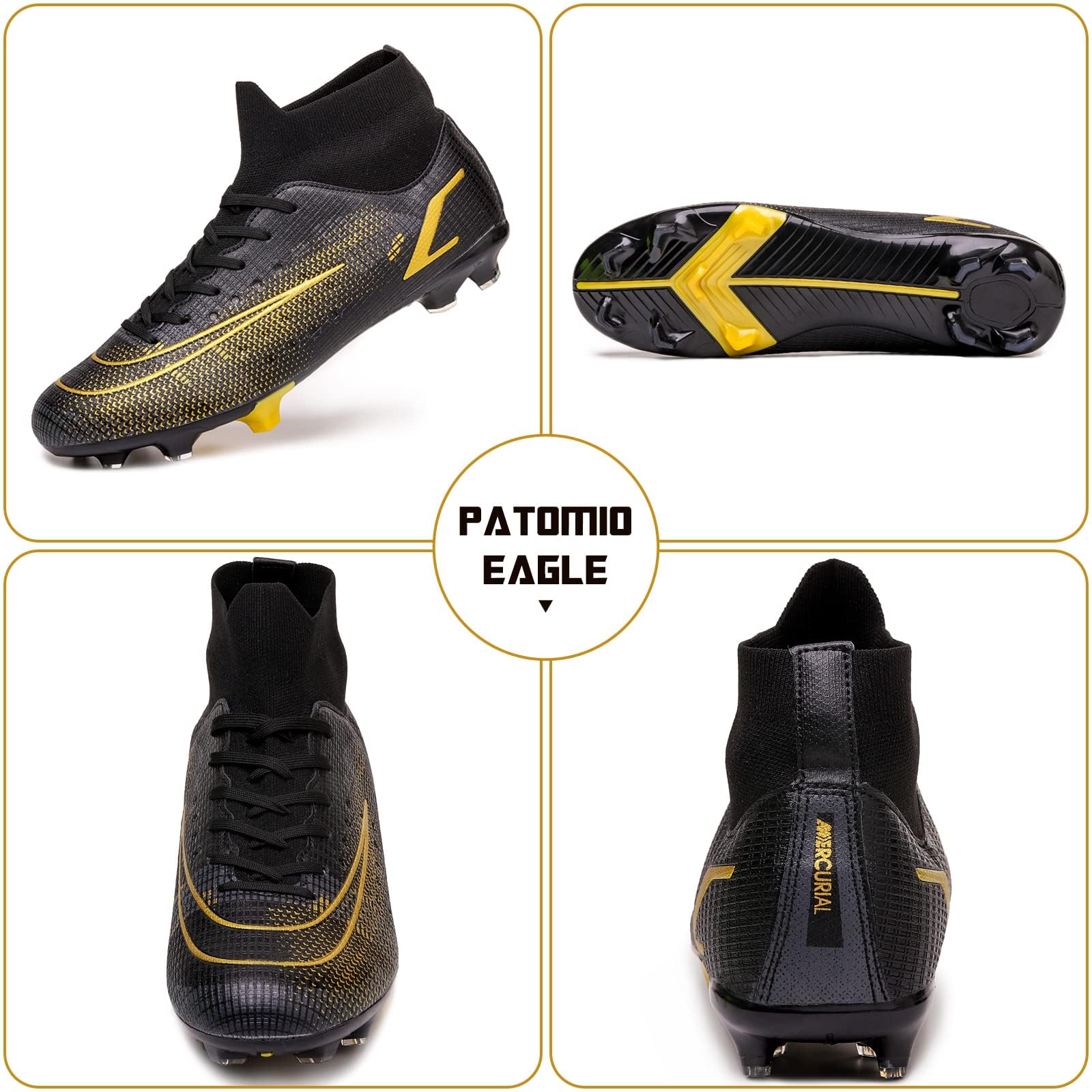 Patomio Eagle Mens Football Cleats Soccer Shoes Breathable Lightweight Durable Non-Slip Training Sneakers Black