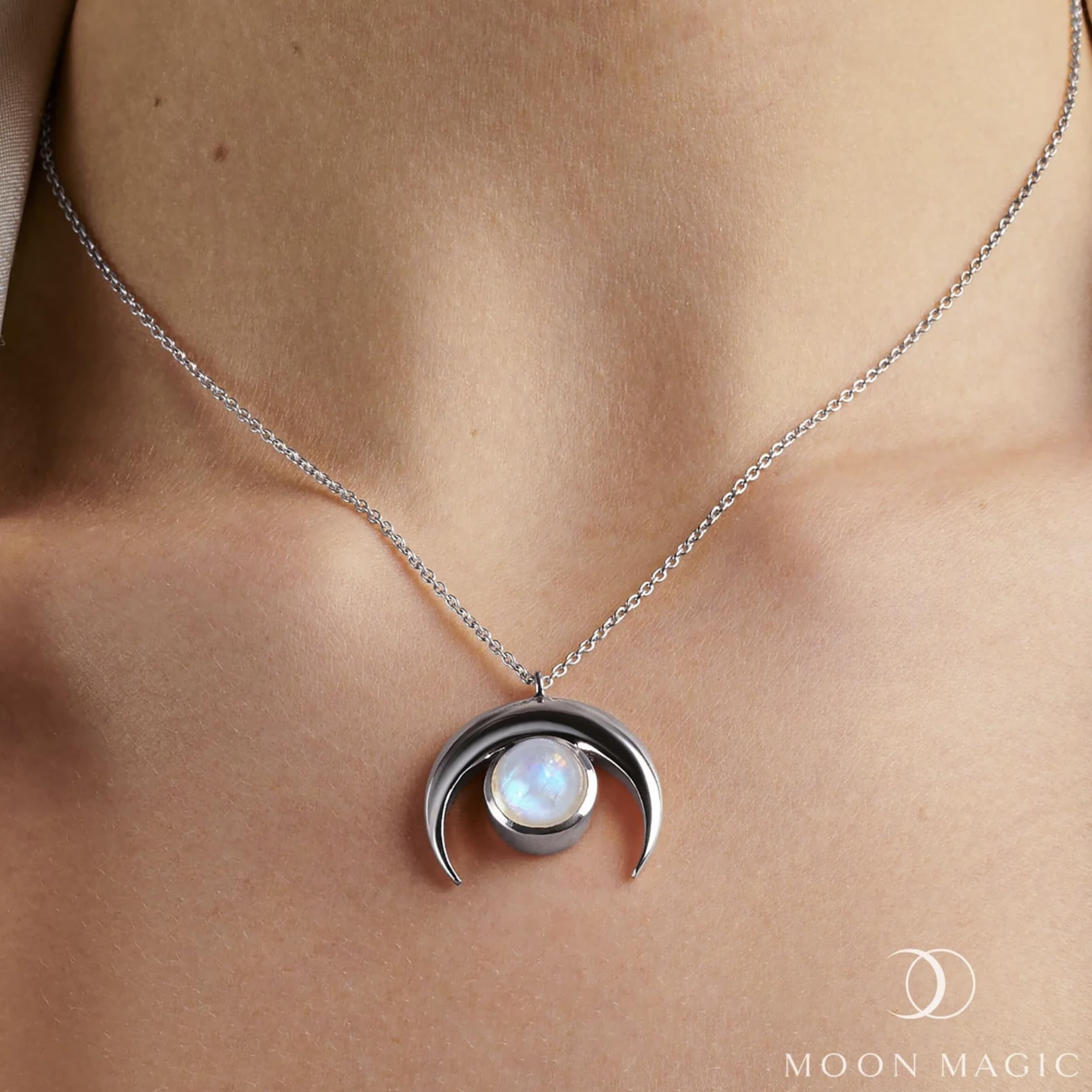 Moon Magic - Authentic Moonstone Necklace - Crescent Moon/Real 925 Sterling Silver Rainbow Moonstone Necklaces for Women/Genuine Moonstone Jewelry