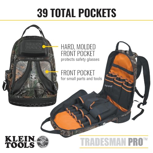 Klein Tools 55421BP14CAMO Tool Bag Backpack, Heavy Duty Tradesman Pro Tool Organizer / Tool Carrier has 39 Pockets, Molded Base, Camo Design