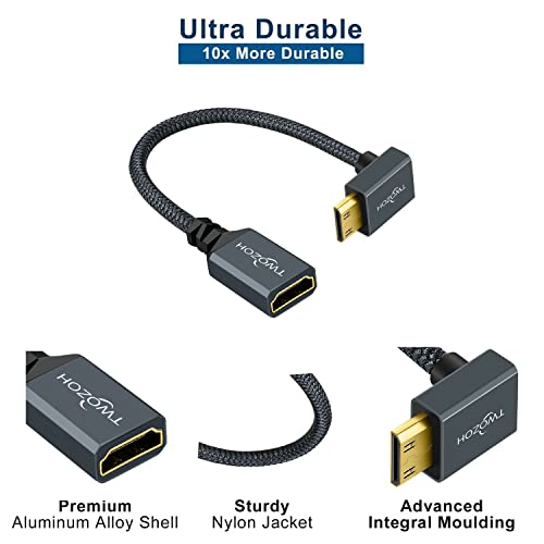 Twozoh Angled Mini HDMI to HDMI Adapter Cable 0.6FT,Nylon Braided Downward Angled 90° Degree Mini HDMI to HDMI Extension Cable Support 3D/4K 1080p