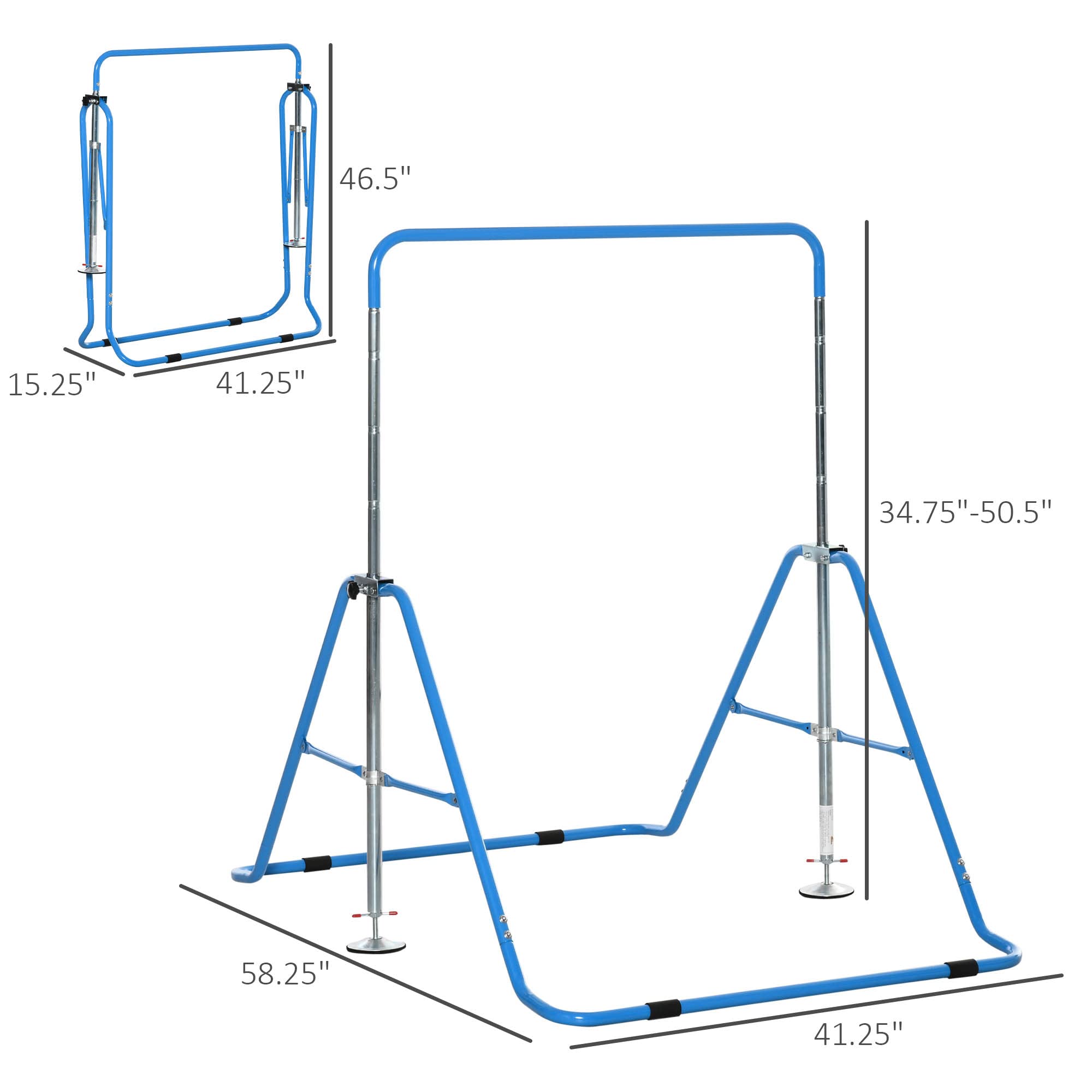 Qaba Folding Gymnastics Bar for Kids with Shock Absorption, Adjustable Gymnastics Horizontal Bar, Gymnastics Kip Bar for Home Use, Blue