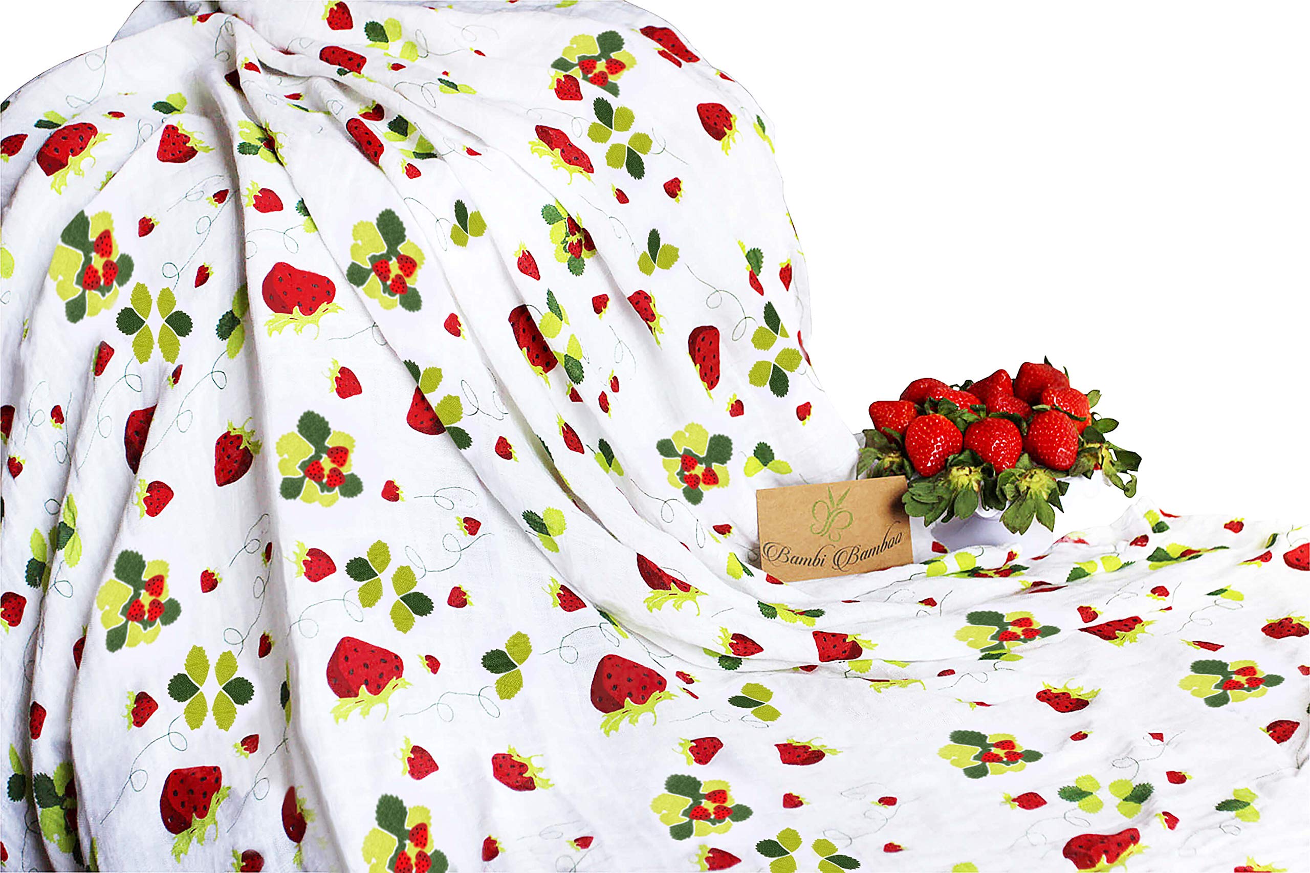 KloudBambu Muslin Swaddle Receiving Blankets, Strawberry Lemon, Extra Large Unisex Breathable Ultra Soft, Baby Registry Essentials