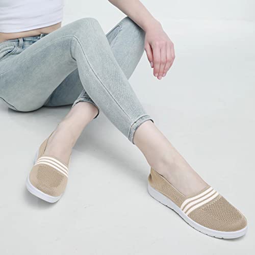 MUSSHOE Womens Walking Shoes Slip on Comfortable Elastic Knit Women Sneakers,Beige 7