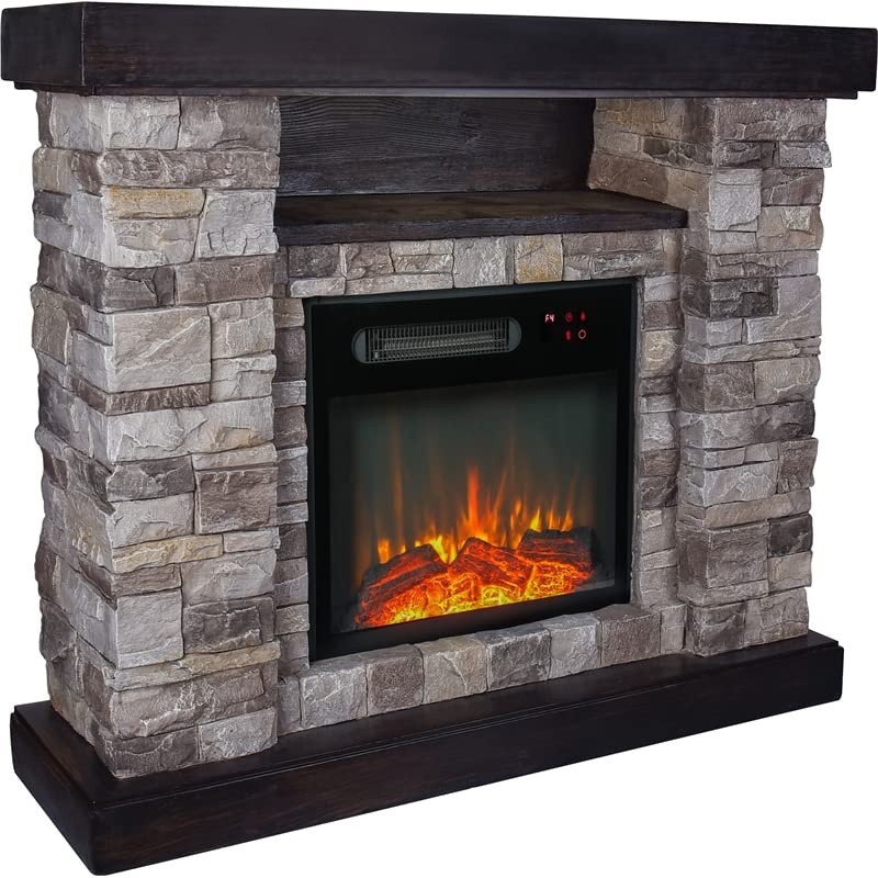 LIVILAND 39" Farmhouse Ceramic Magnesium Oxide Freestanding Electric Fireplace with 4 Flickering Flame Effect Settings, Remote and Touch Control, LED-Lit Open Shelf, in Gray Finish