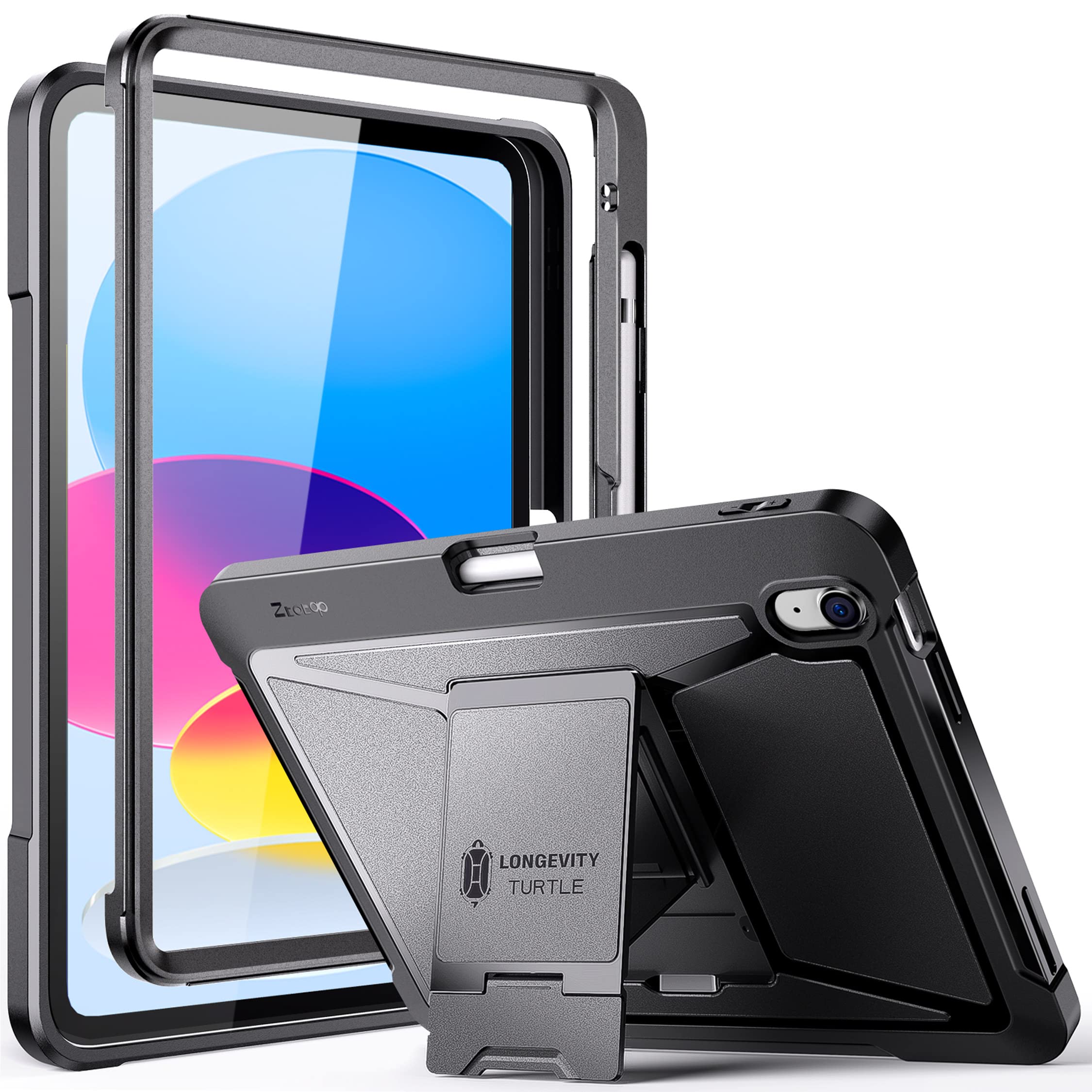 ZtotopCases for iPad 10th Generation Case 10.9 Inch 2022, Built with Pencil Holder, Screen Protector & Kickstand, Shockproof Portable Full-Body Protective Cover for New iPad 10th gen 10.9" 2022, Black