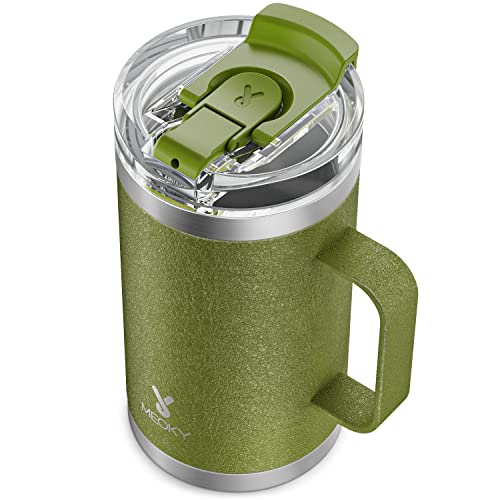 Meoky 20oz Insulated Coffee Mug with Lid and Handle, 100% Leak Proof Stainless Steel Coffee Cup with Tritan Lid, Double Wall Vacuum Coffee Tumbler with Handle (Forest)