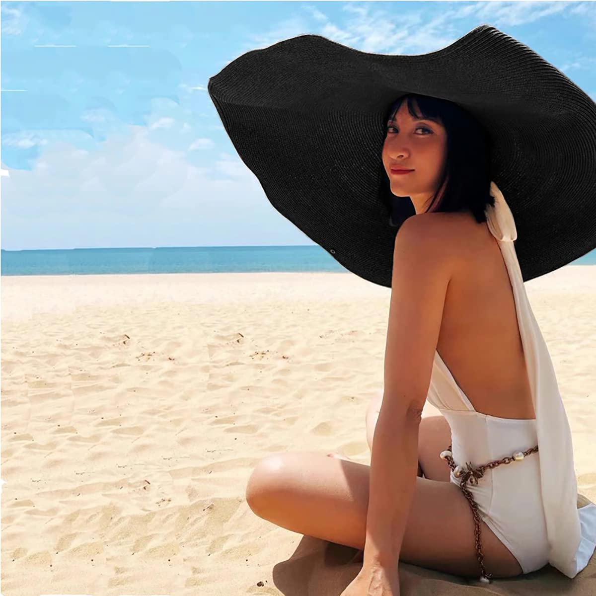 MoonWang Oversized Beach Straw Hats for Women Extra Large Wide Brim Beach Hat Foldable Roll up Floppy Sun Hat Summer Outdoor UV Protection (Black)