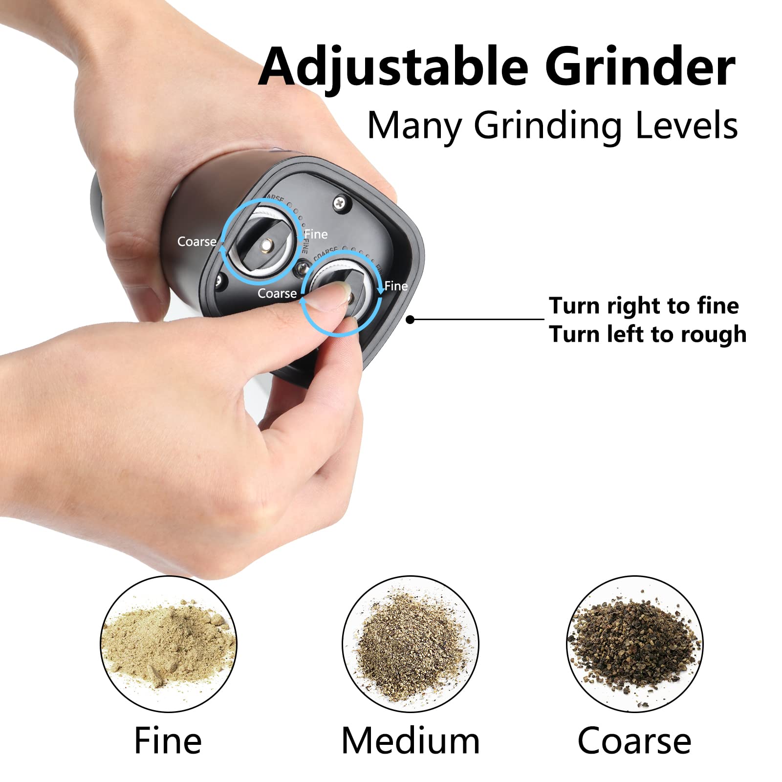 Pepper Grinder, 2 in 1 Salt Mill Grinder Battery-Operated with Adjustable Coarseness, Kitchen Automatic Pepper, Double Slot, One Hand Operated