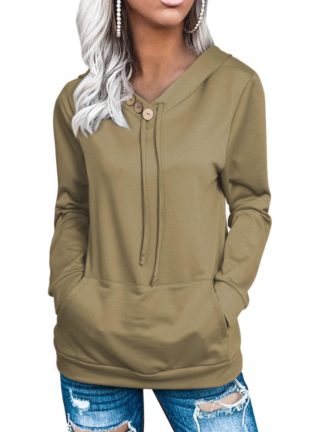 ROSKIKI Womens Solid Hoodies Long Sleeve Drawstring Button Decoration Kangaroo Pocket Sweatshirts Loose Pullover Tops Brown Small