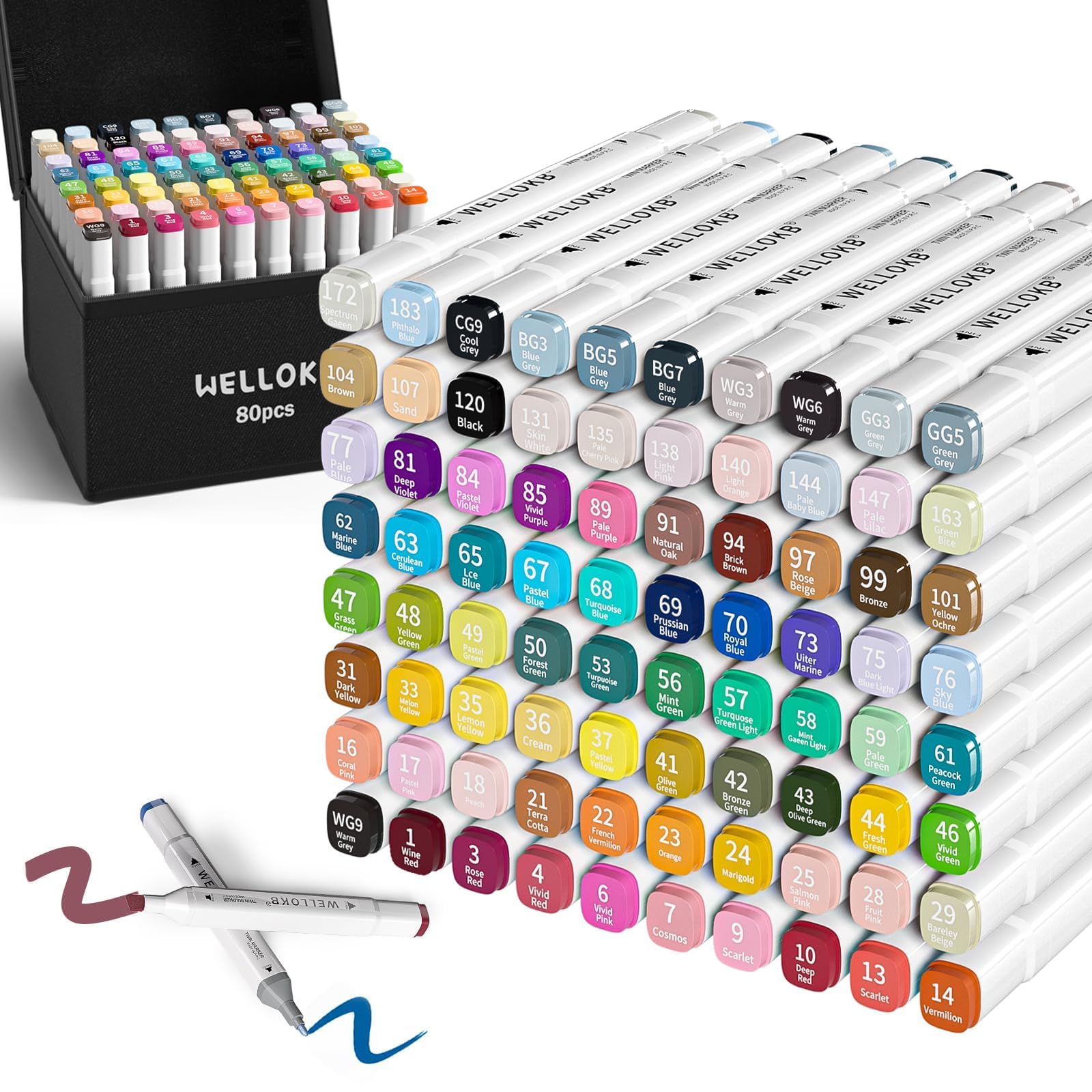 WELLOKB Alcohol Markers, 80 Colors Dual Tip Blender Art Markers for Coloring, Illustrations, and Sketching, Alcohol Markers Set, Alcohol Based Markers with Carrying Case