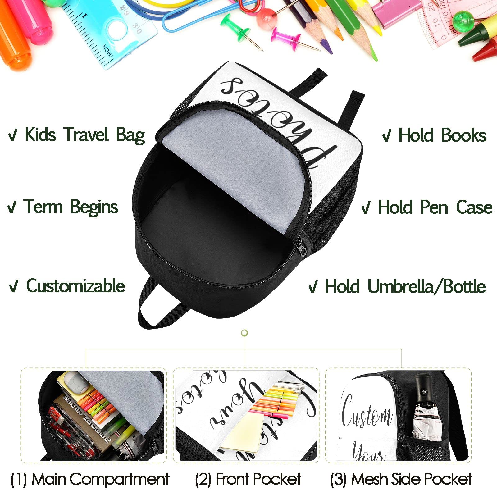 Naanle Custom Kids Backpack with Photos Backpacks Boys Girls Travel Rucksack Personalized Backpack for Preschool Kindergarten