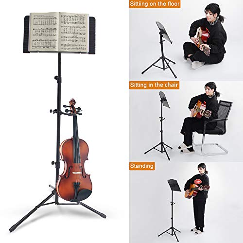 Klvied Sheet Music Stand with Violin Hanger, Portable Folding violin Stand, Foldable Music Stand for Sheet Music, Violin Music Stand with Carrying Bag, Light, Black