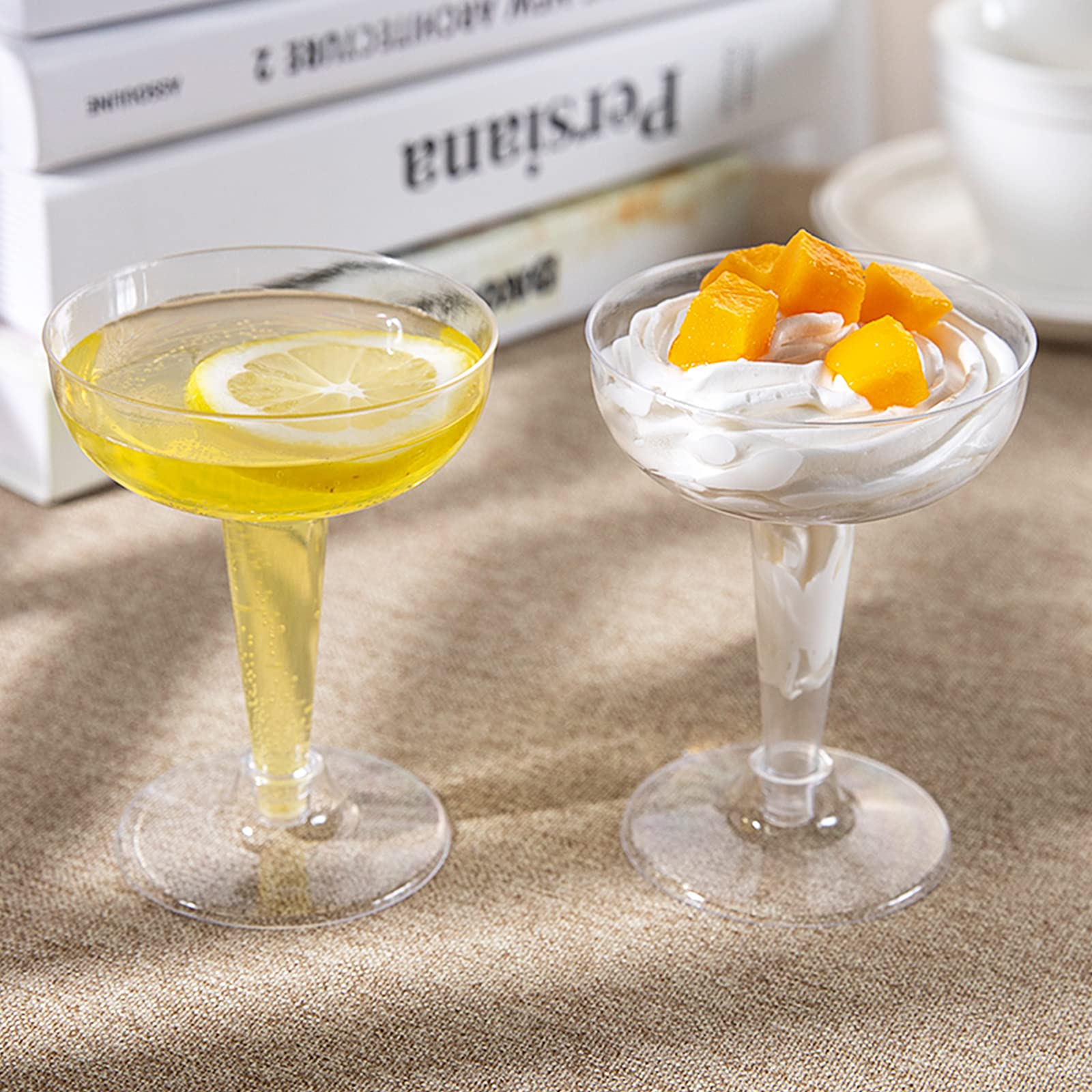 mwellewm 50 Pack Plastic Cocktail Glasses, 4 Oz Clear Disposable Champagne Flutes Margarita Glasses, Stemmed Stackable Shatterproof Dessert Cups Plastic Wine Glasses for Wedding, Celebration (Clear)