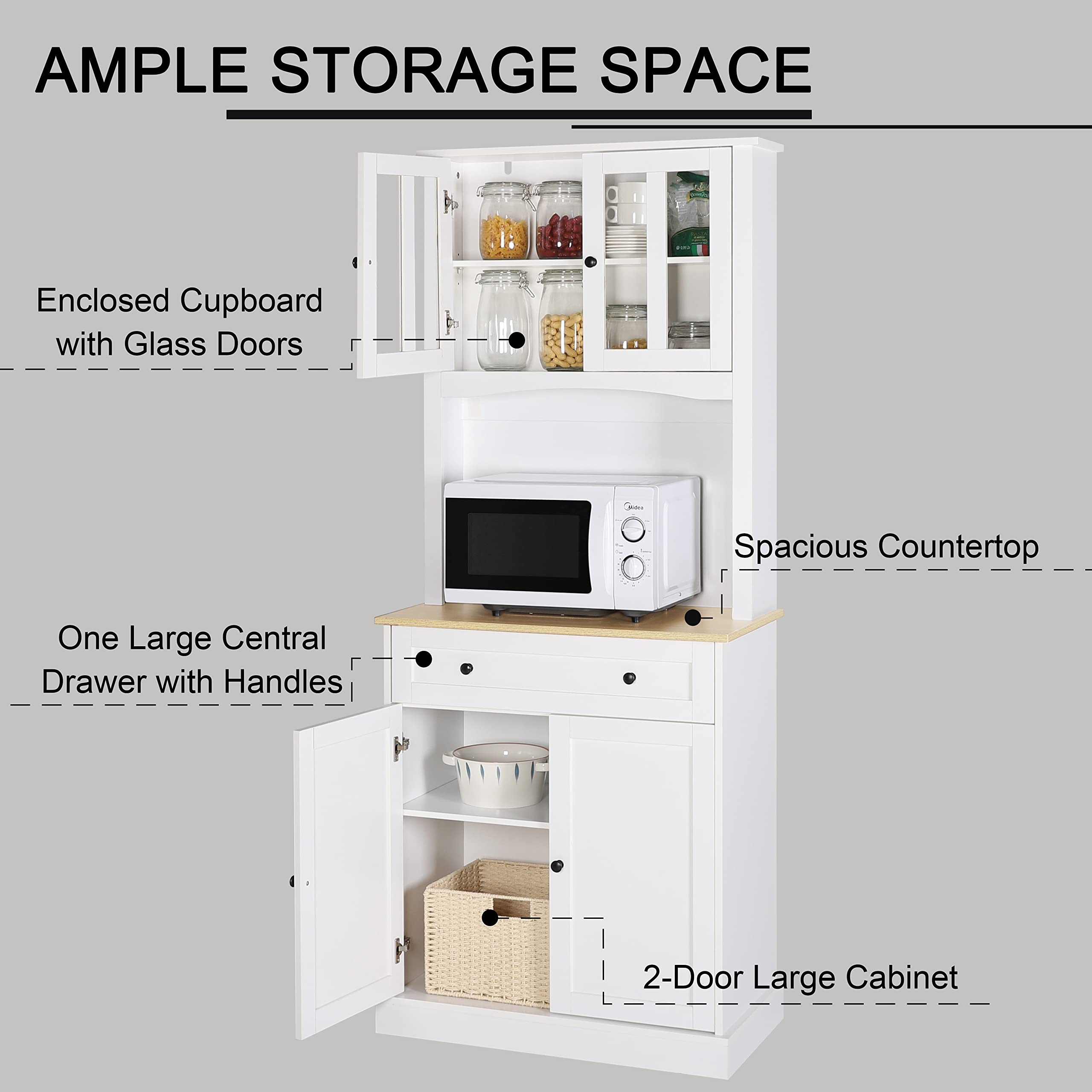 MUPATER 72'' Kitchen Pantry Storage Cabinet Buffet Hutch with Microwave Stand and Drawer, Freestanding Kitchen Pantry with Framed Glass Doors and Shelves, White
