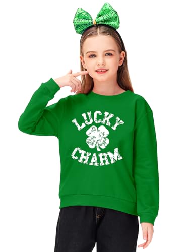 Remimi St Patrick's Day Girls Sweatshirt Boys Green Irish Clover Shirts Long Sleeve Casual Spring Lucky Charm Pullover Tops 11-12 Years