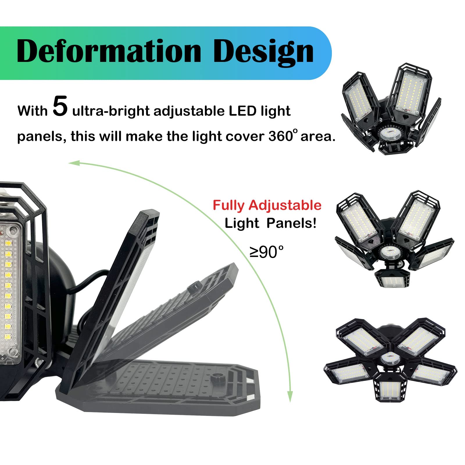 Mopzlink LED Garage Lights 2 Pack, 150W Garage Light 15000 Lumens with 5 Deformable Panels, Ceiling LED Shop Light, Garage Lighting Life-time Warranty