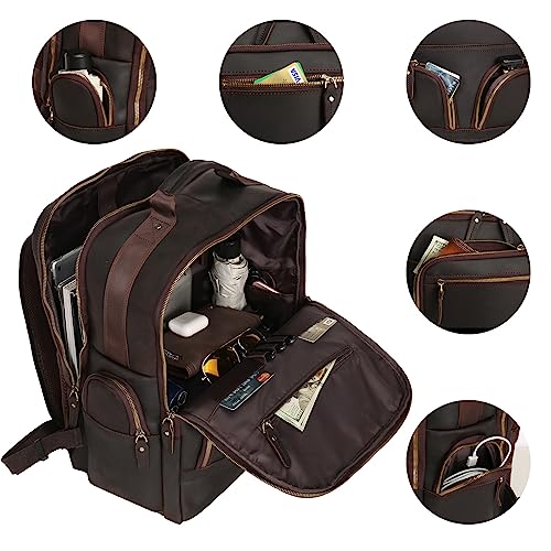 ZHYOL Mens Full Grain Genuine Leather 17.3" Laptop Backpack with USB Charging Port Multi Pockets Business Weekender Hiking Shoulder Daypacks Travel Laptop Bag for Men