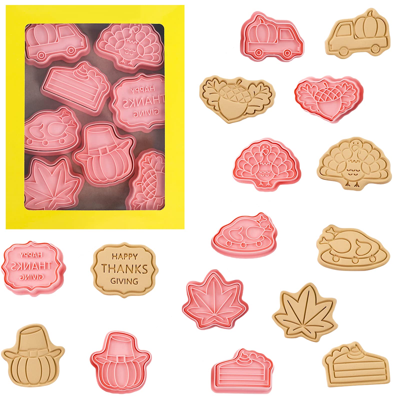 Pink PP Material Thanksgiving Day Cookie Cutters, 8 Pcs Theme Set Embossing Dies and Plunger Dies for Fondant Cookies Pastry Cheese Baking(Grateful)