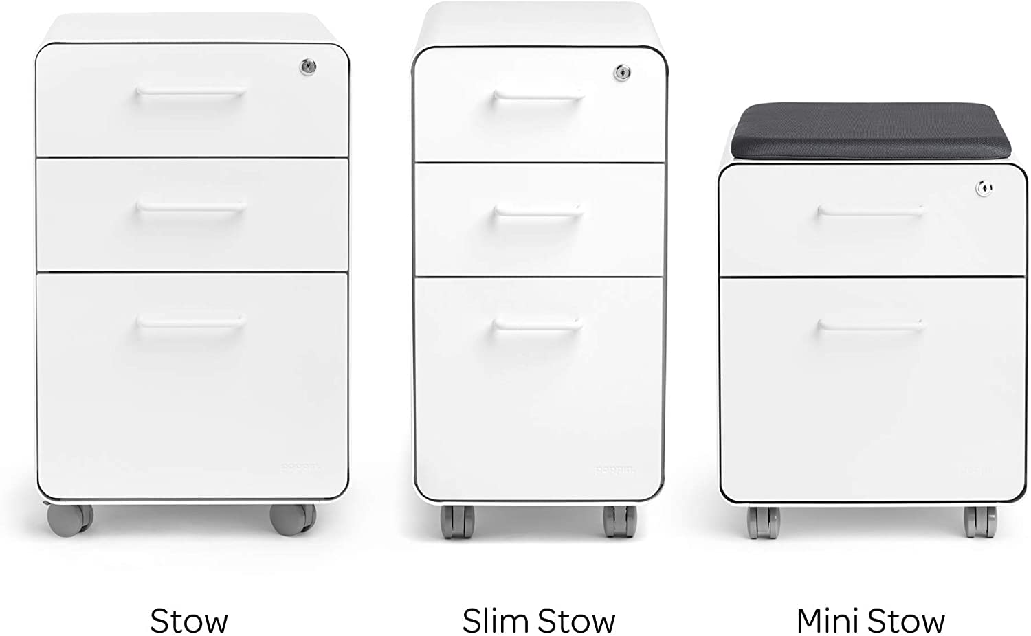 Poppin Stow 3-Drawer Rolling File Cabinet - White. 2 Utility Drawers and 1 Hanging File Drawer. Two Locking and Two Non-Locking Wheels. Powder-Coated Steel. Two Keys Included
