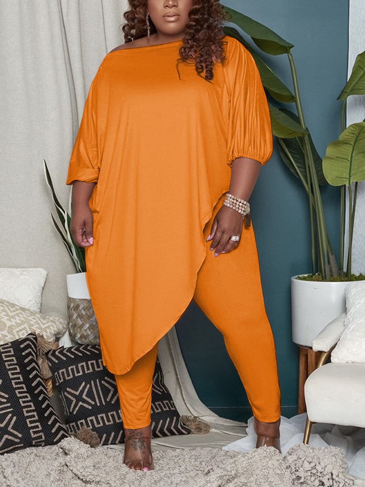 Orange Plus Size 2 Piece Outfits for Women - Solid Casual Irregular T Shirts Tops and Bodycon Long Pants Set Jumpsuits Clubwear L