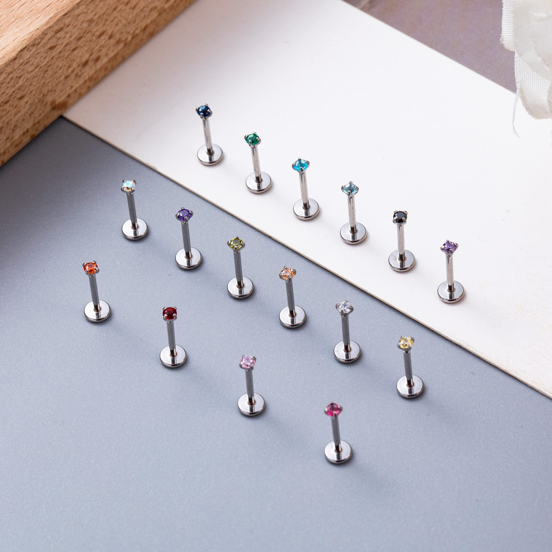 REVOLIA 16 Pcs Stainless Steel 18G Threadless Push in Nose Rings Studs Lip Rings Tragus Earrings Cartilage Stud Helix Labret Monroe Piercing Jewelry