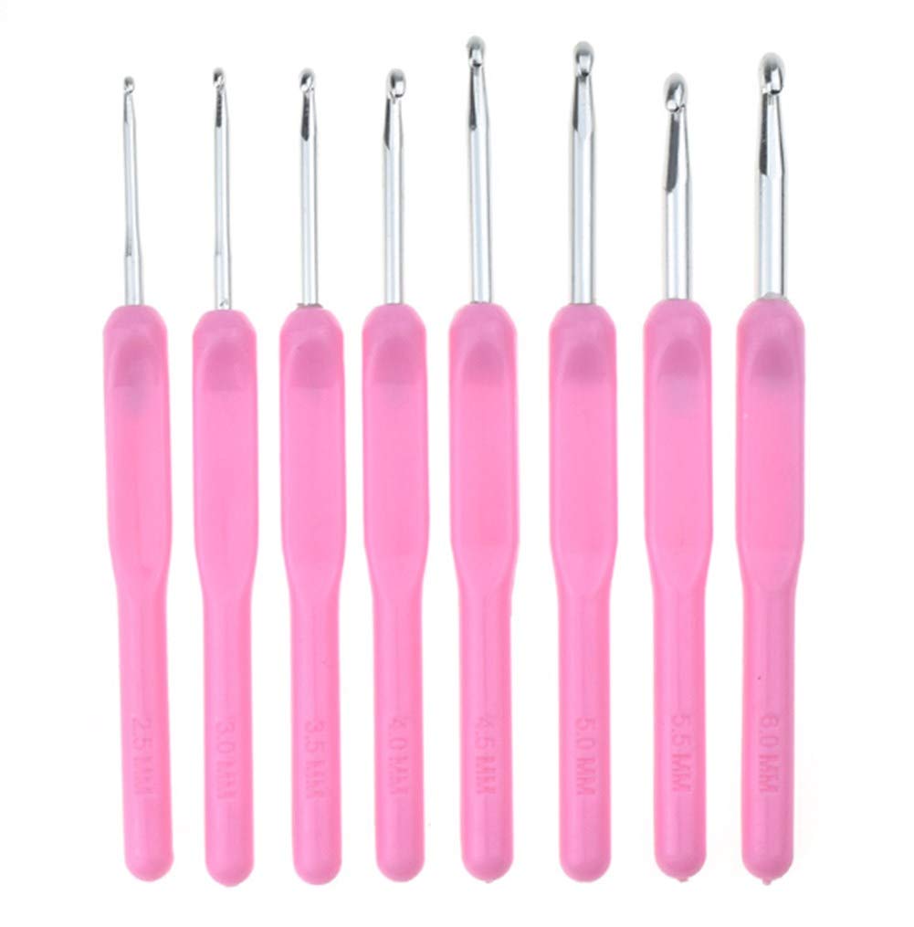 Katech 8 Pieces Crochet Hooks Different Sizes Crochet Needles Pink Handle Durable Aluminum Alloy Smooth Crochet Hook Set Ergonomic Knitting Needle Tools Weave Yarn Craft Knitting Kit