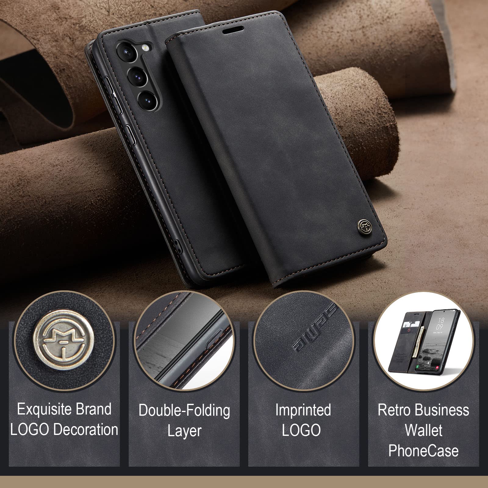 Kowauri Case for Samsung Galaxy S23,Classic Design Leather Wallet Magnetic Closure Flip Case with Kickstand Card Holder Slot Shockproof Protective Cover for Samsung Galaxy S23 5G (Black)