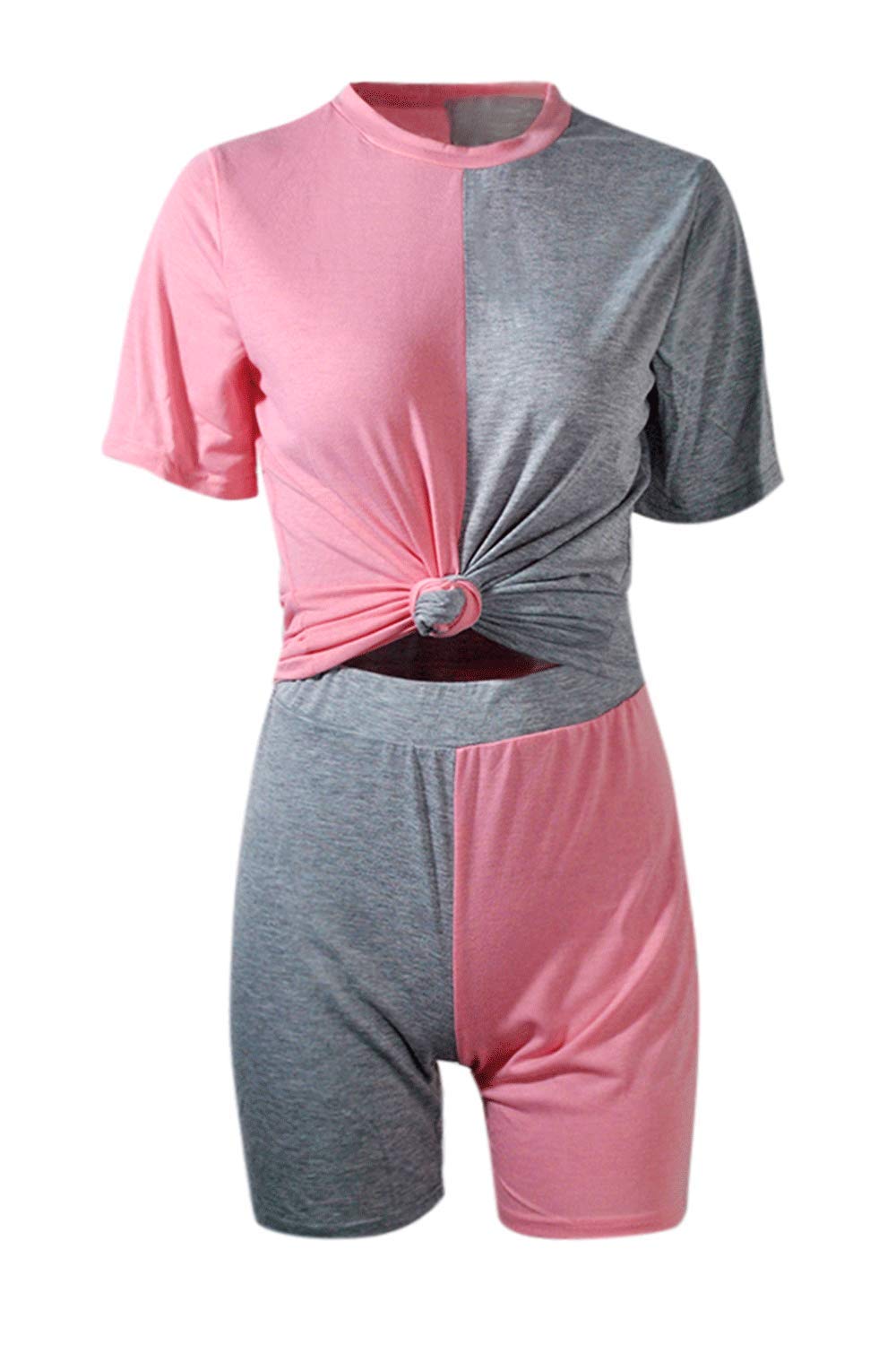 KANSOON Womens 2 Piece Outfits Color Contrast Crew Neck Top and Tight Biker Shorts Summer Set Pinkgrey XL