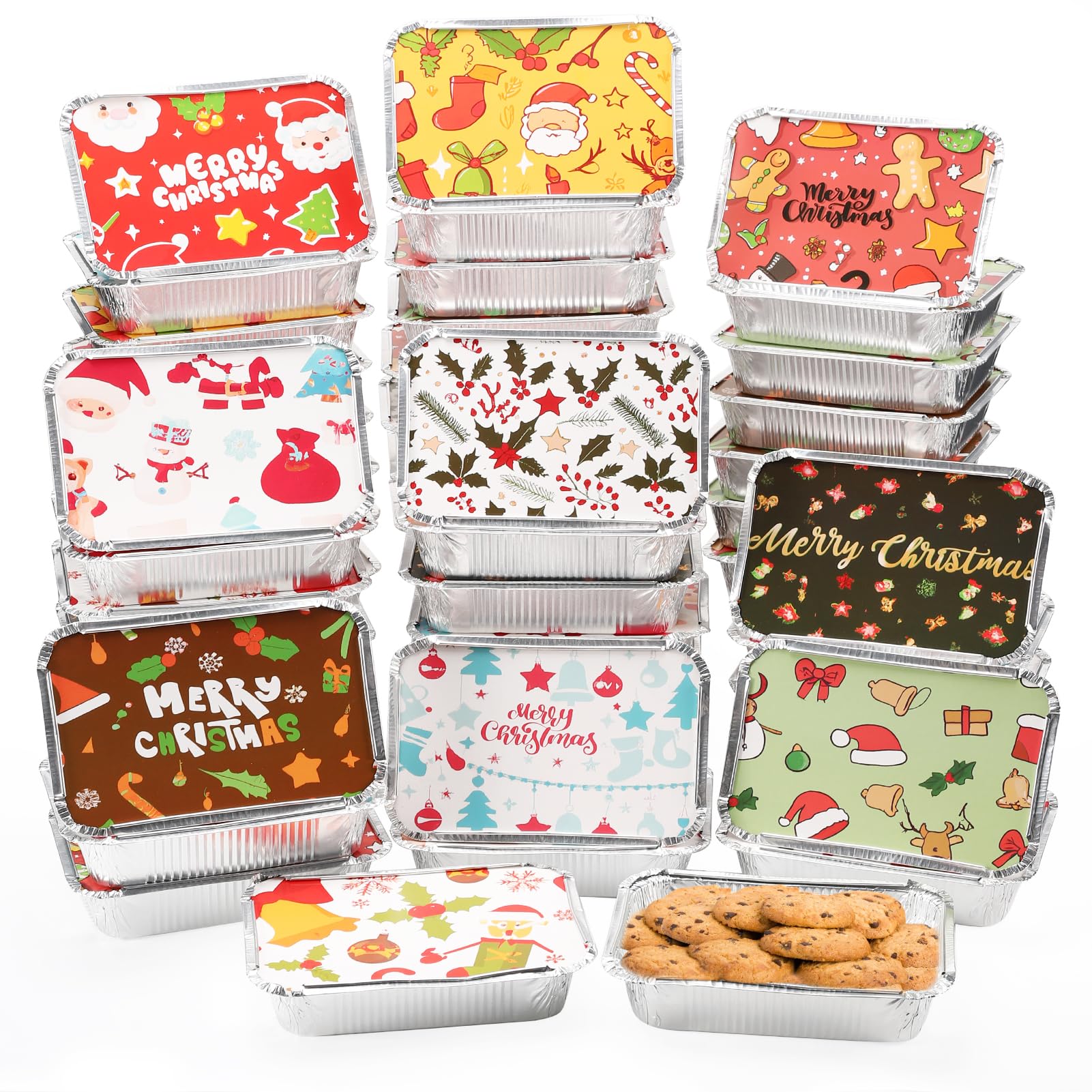 MADHOLLY 50Pack Christmas Cookie Tins with Lids- Heavy Duty Christmas Aluminum Pans with Lids Foil Treat Containers for Christmas Holiday Treats Cookie Exchange Gift Giving Leftovers, 10 Styles