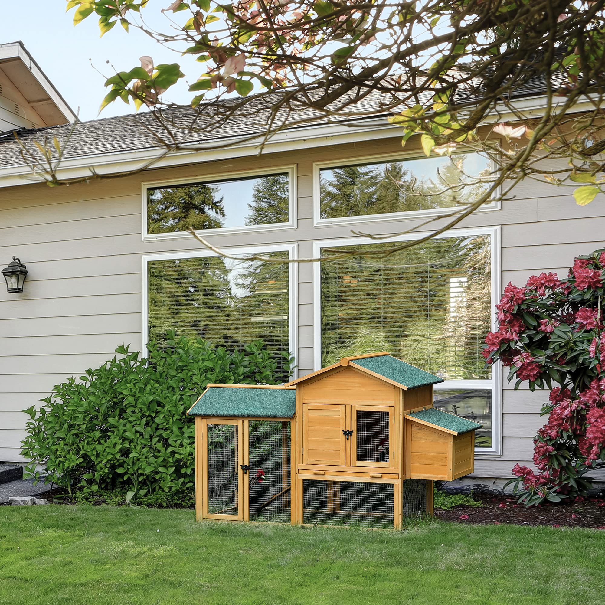 PawHut 66" Wooden Chicken Coop, Outdoor Hen House, Poultry Habitat with Removable Tray, Nesting Box, Ramp