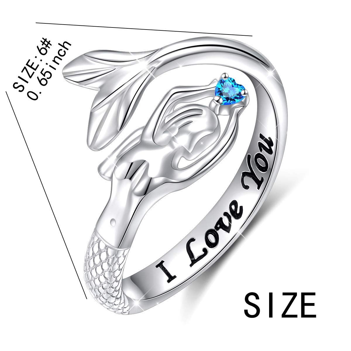 Ladytree S925 Sterling Sliver Mermaid Tail Ring Cubic Zirconia Heart Open Expandable Ring for Women,Size 7…