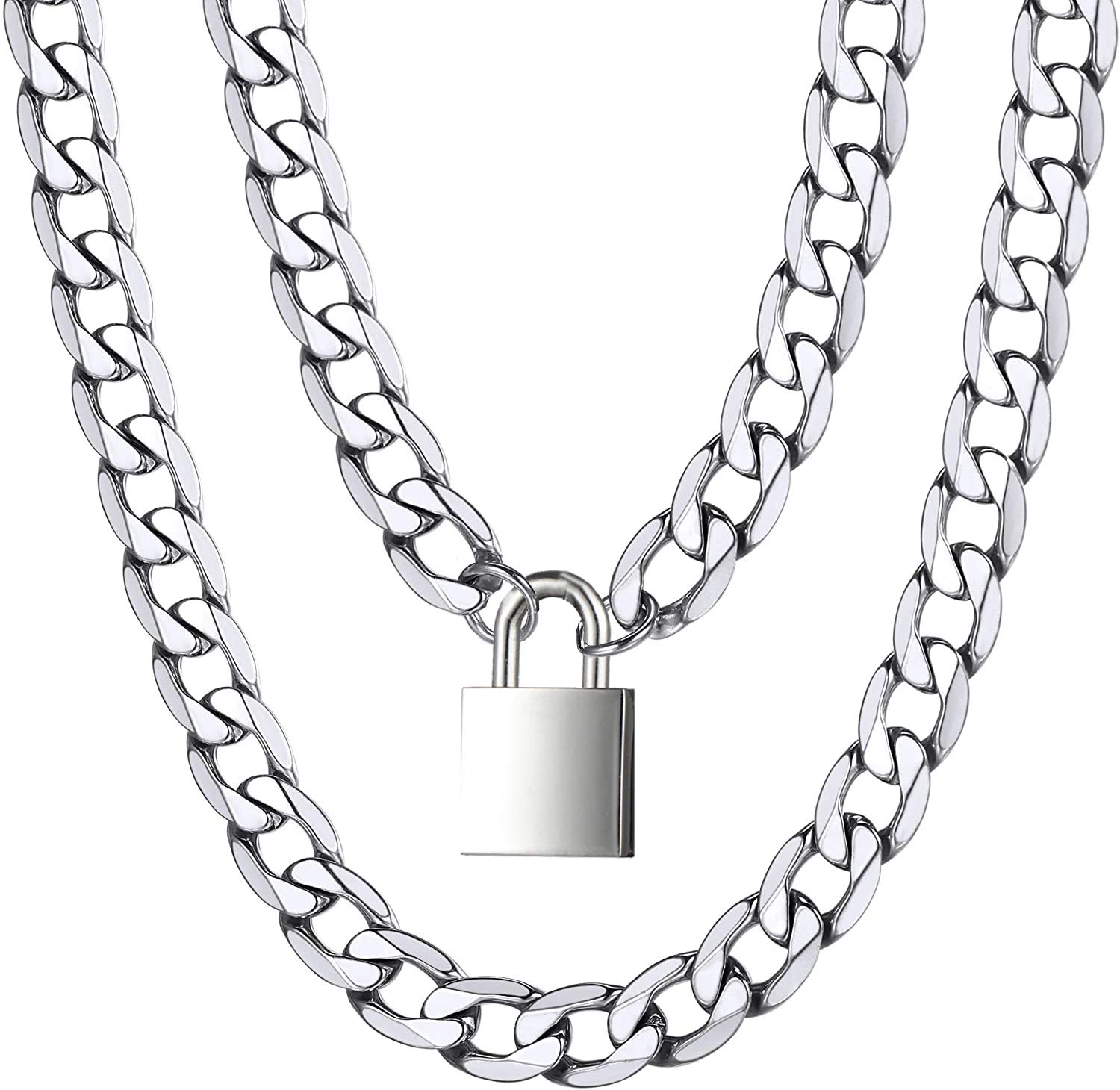 LEWECEEO Padlock Necklace Stainless Steel Lover Heart Lock Collar Choker for Men Women Silver 16-20 inch