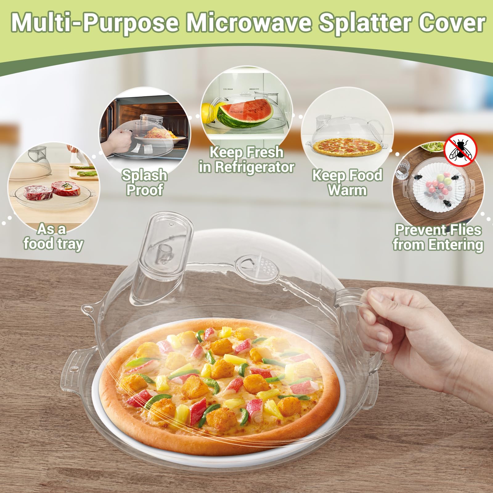 WENWELL Microwave Cover with Water Steamer & Tray,Food Protector for Splatter Guard,Dish Bowl Plate Serving Lid with Handle,BPA-Free,Clear Safe Plastic,10 Inchs