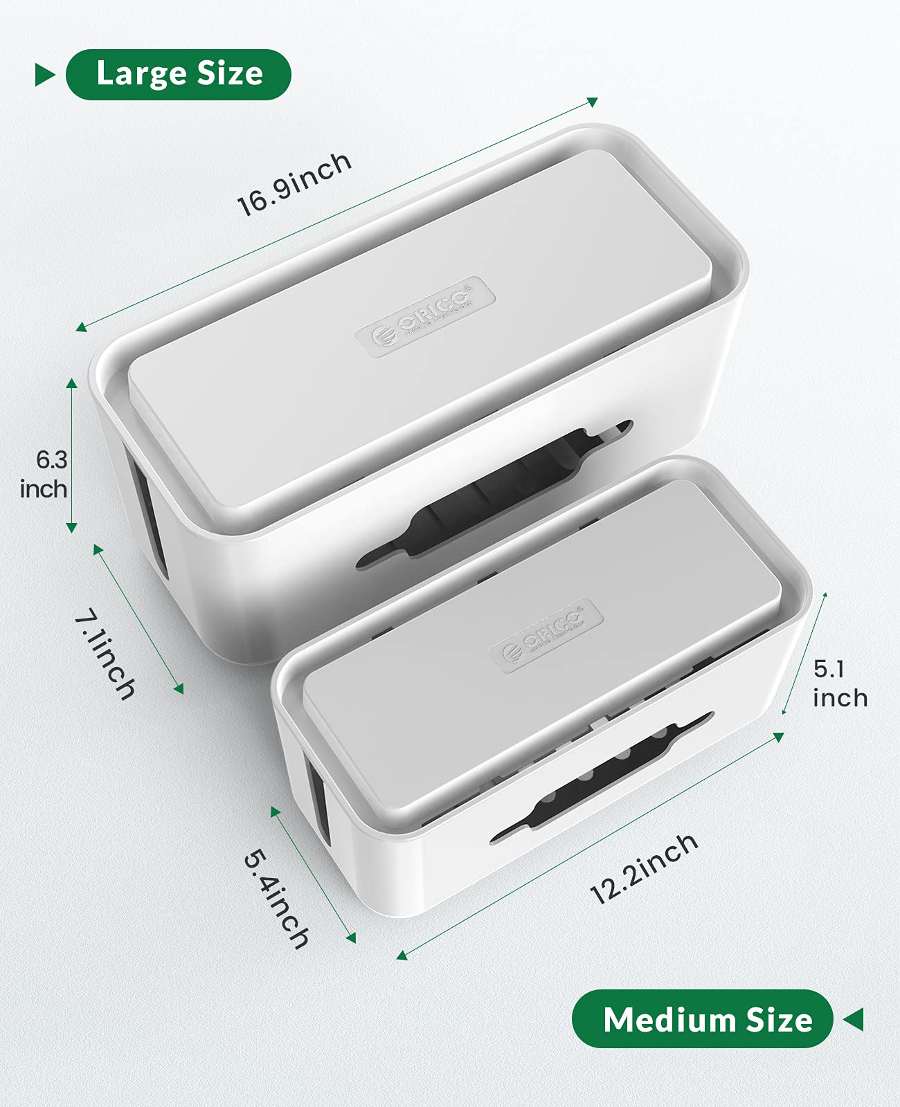 ORICO Power Cable Box Set, 2 Cable Management Box with Phone Stand and A Roll of Hook and Loop Tape, Large and Medium Wire Organizer Box to Hold and Hide Power Strip/Power Cord-Pure White