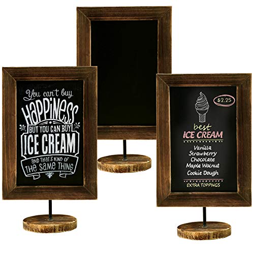 MyGift Set of 3 Tabletop Chalkboard Sign with Burnt Wood Frame and Round Base, Decorative Wedding Table Place Card Signage, Rustic Small Kitchen Countertop Memo Board
