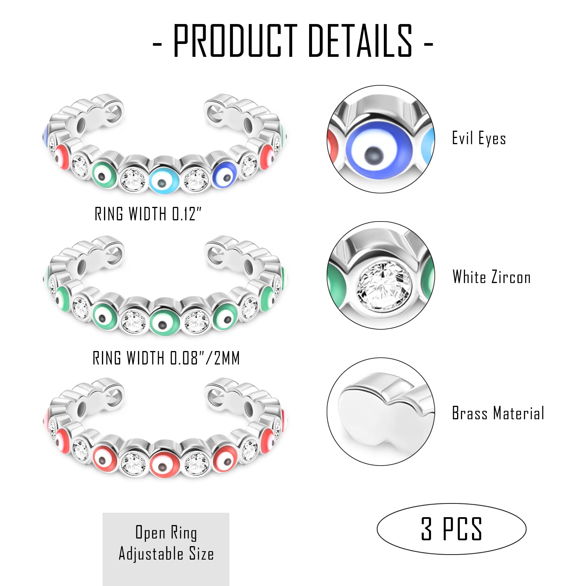 MUSECLOUD 14K Gold Plated Evil Eye Ring for Women 3PCS White Gold Plated Eye Ring Set Adjustable Stackable Rings Minimalist Protection Jewelry (Silver)